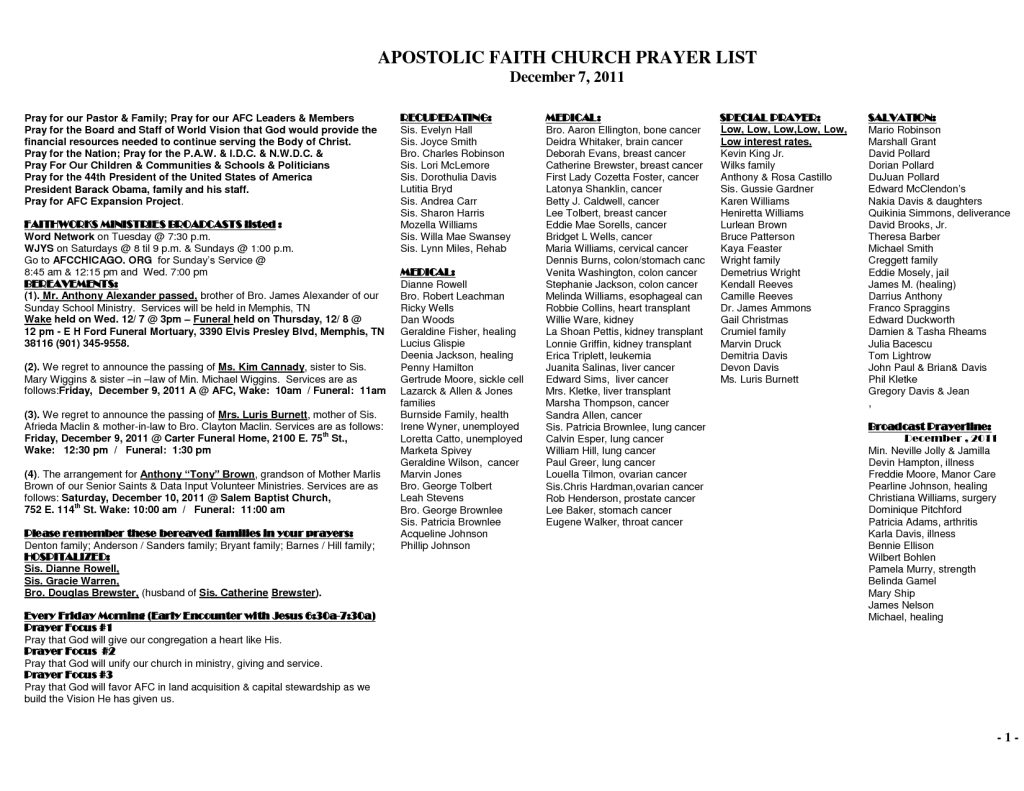church prayer list – talk of Jesus .com
